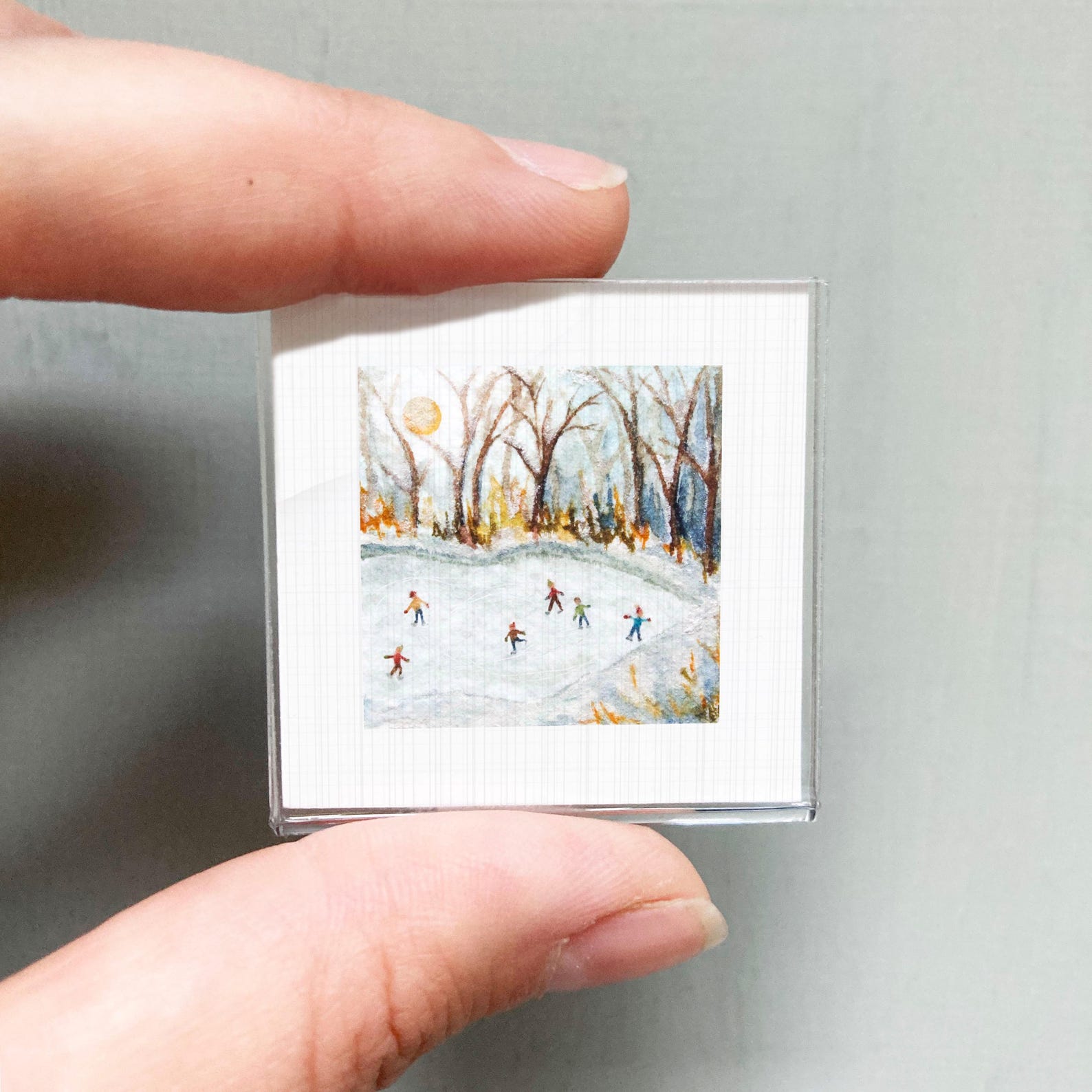 Miniature Ice Skating Art PRINT - Tiny Winter Watercolor 1-inch Mini ...