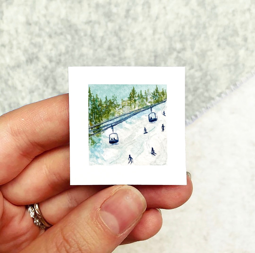 Mini 1" Skiing Snowboarding Snowy Landscape Winter Scene Print Tiny ...