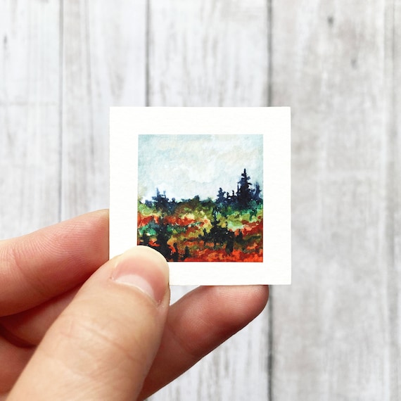 Mini 1 Pine Tree Forest Print Tiny Watercolor Landscape - Etsy
