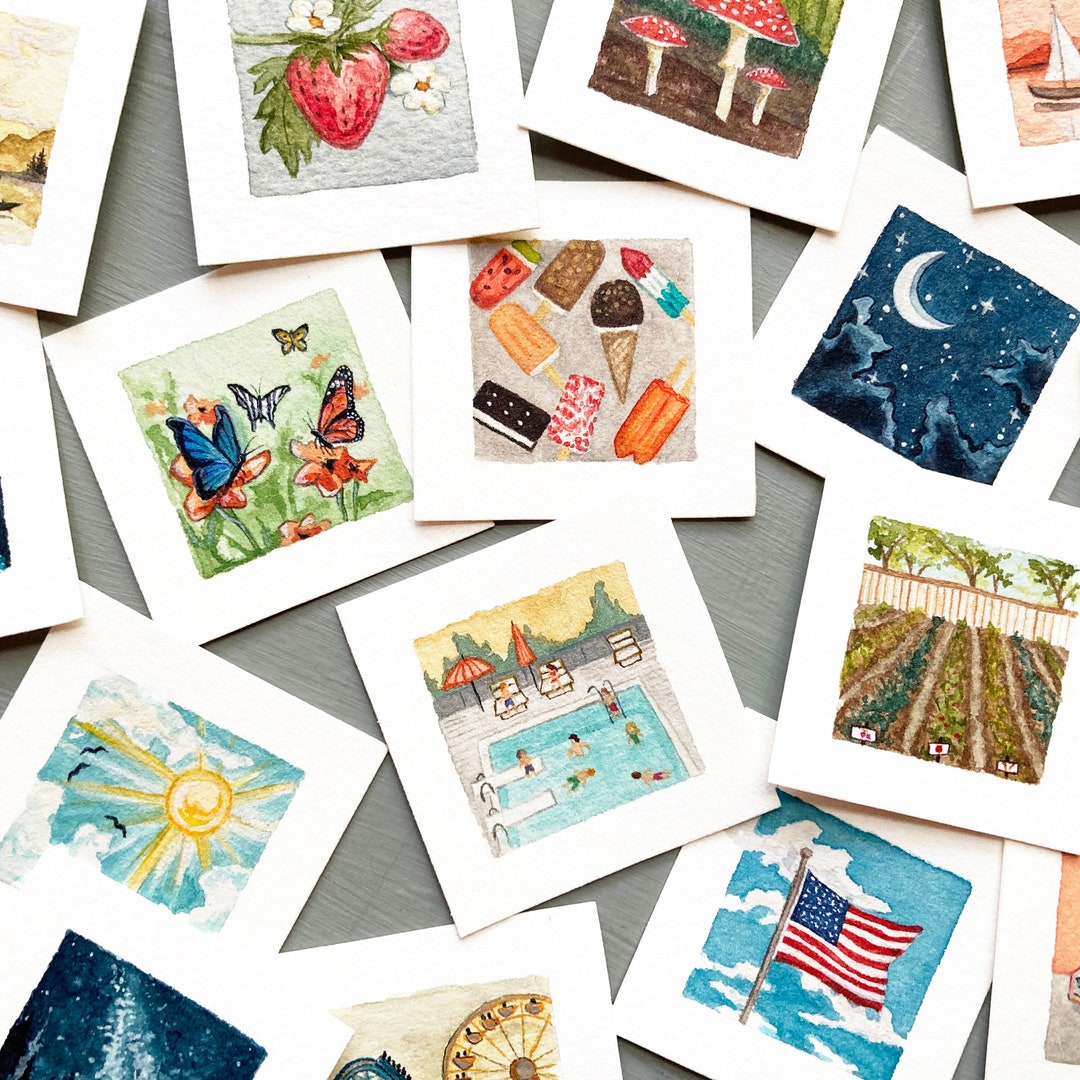 PRINTED Mini 1" Summer Camping Beach Fireworks Tiny Seasonal Watercolor ...