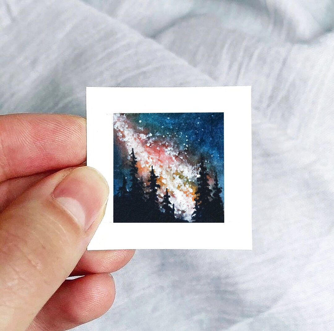 Mini 1" Galaxy Forest Pine Trees Milky Way Tiny Watercolor Landscape ...