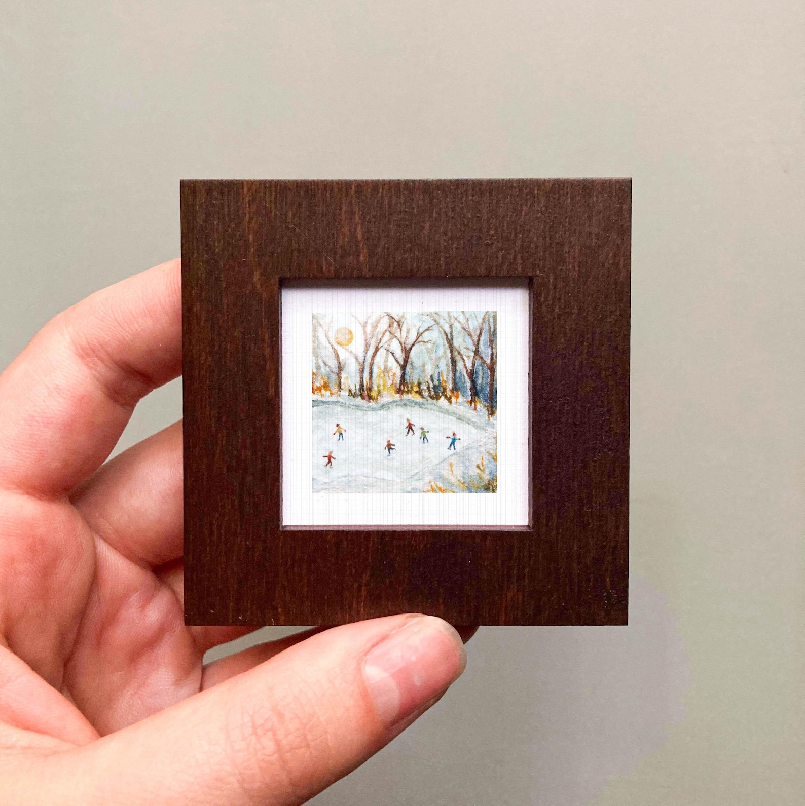Miniature Ice Skating Art PRINT - Tiny Winter Watercolor 1-inch Mini ...