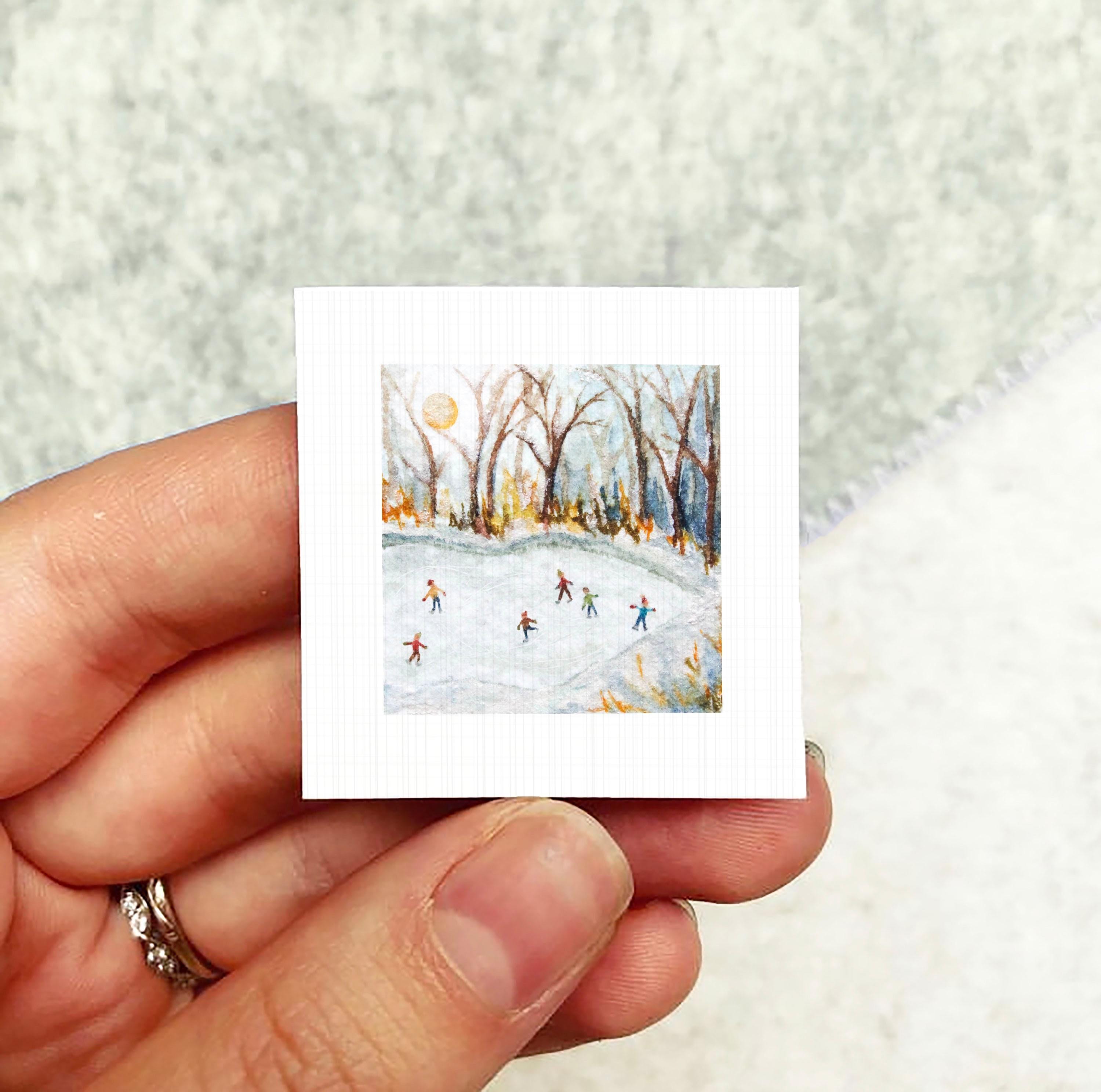 Miniature Ice Skating Art PRINT - Tiny Winter Watercolor 1-inch Mini ...