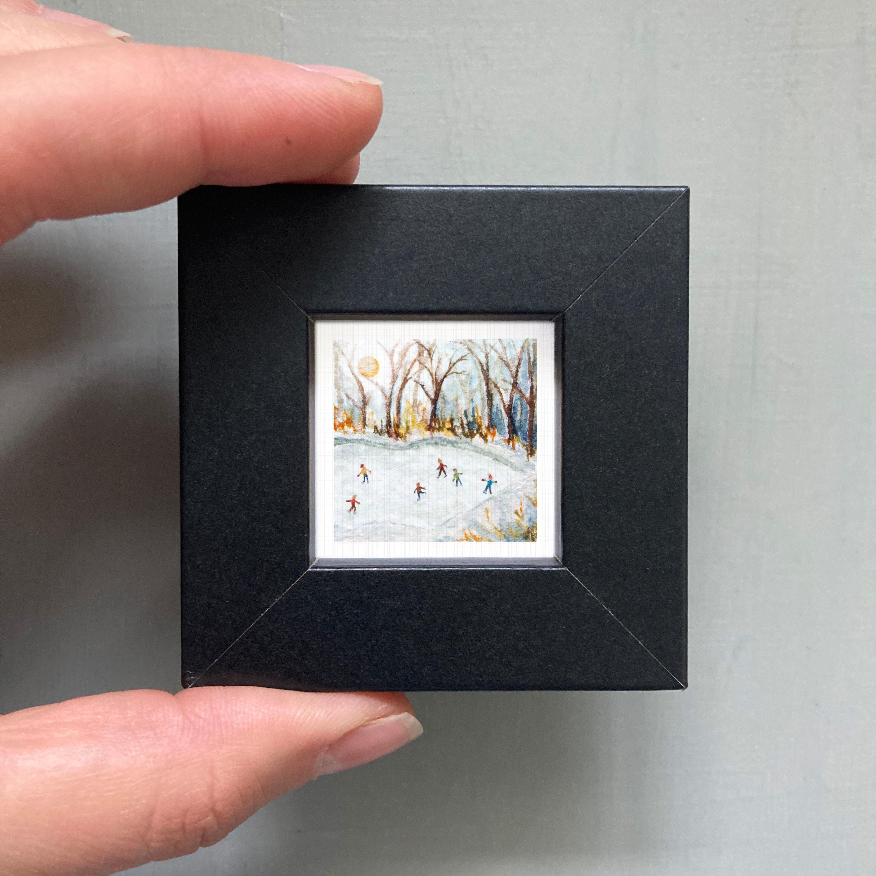Miniature Ice Skating Art PRINT - Tiny Winter Watercolor 1-inch Mini ...