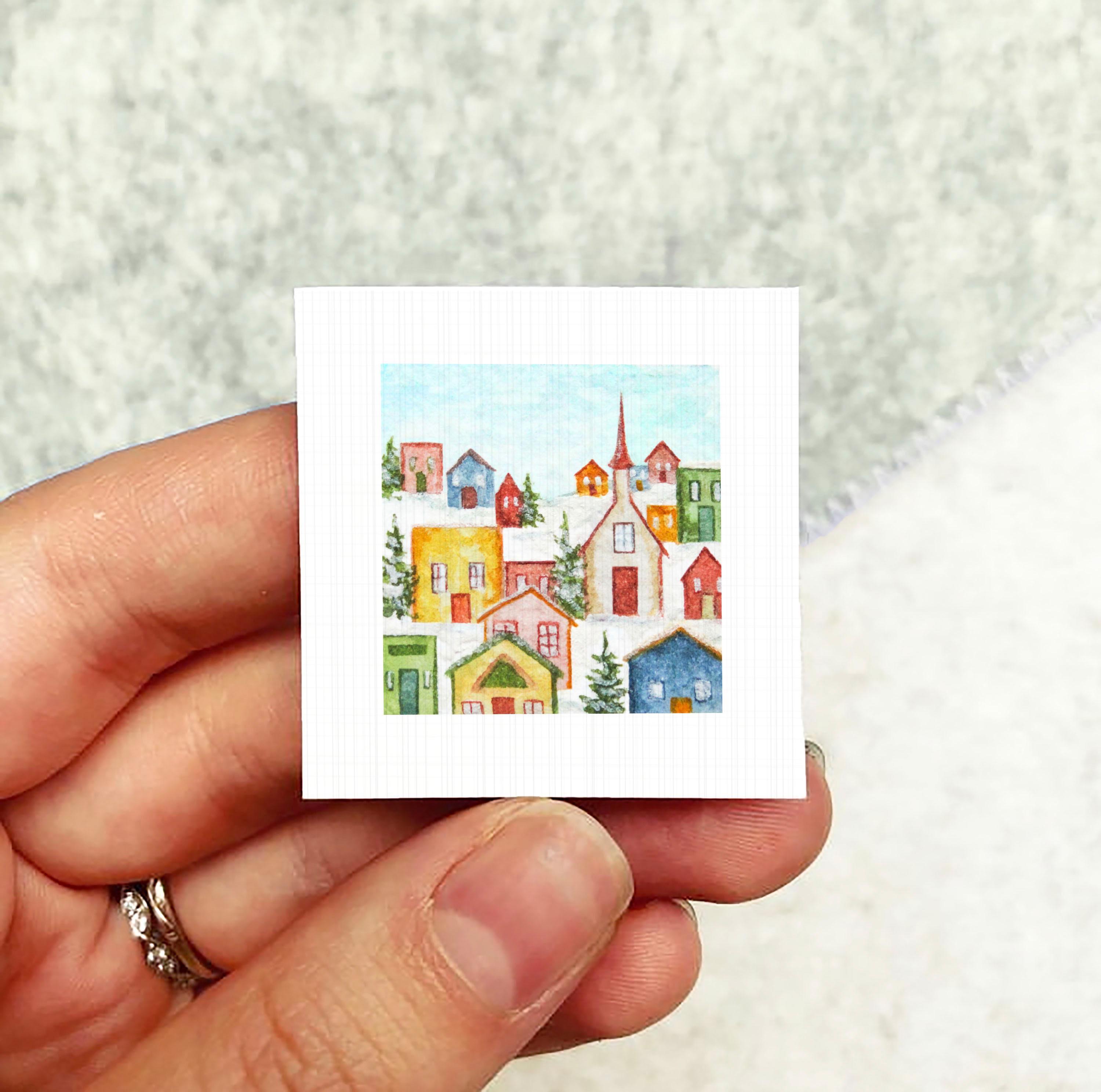 Miniature Snowy Village Day Art PRINT - Tiny Winter Watercolor 1-inch ...