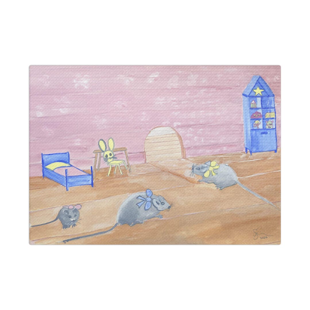 Canvas Print, Cute Mouse Family in Pink Bedroom, Child's Nursery Wall ...