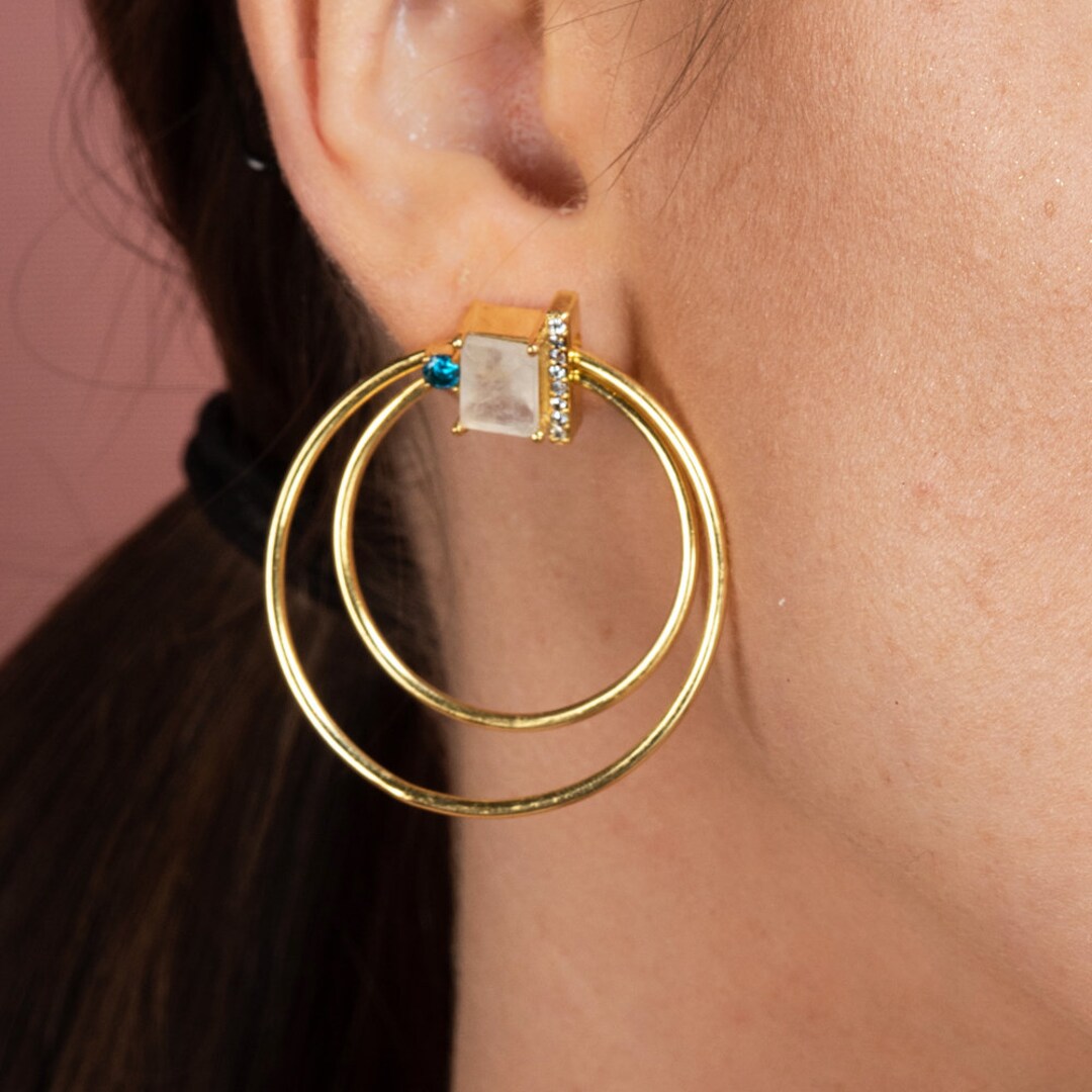 Double Frontal Hoops With Natural Stones Hoops With Rectangular Design ...