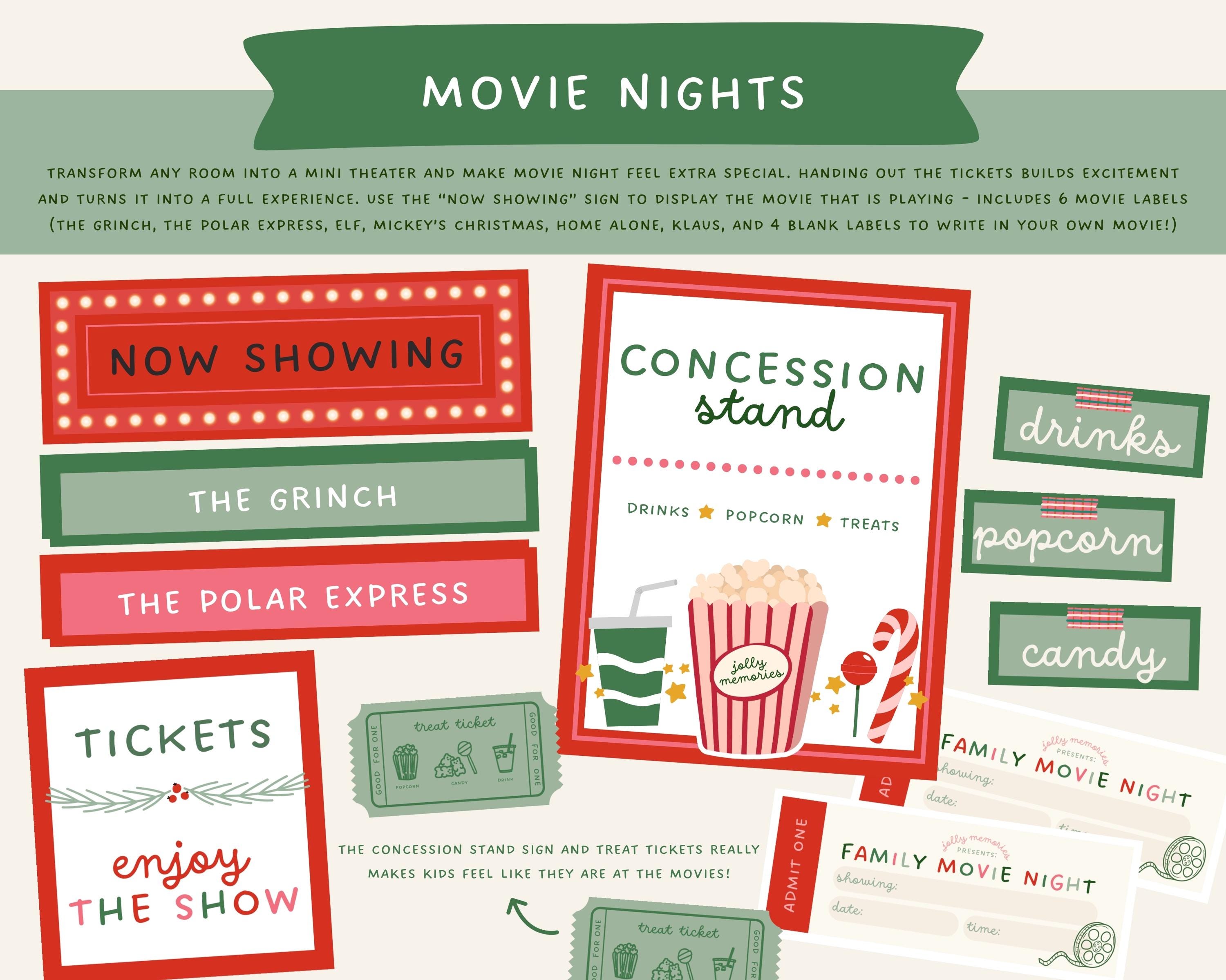 Christmas Movie Night Printables | Tickets, Now Showing Sign, Movie ...