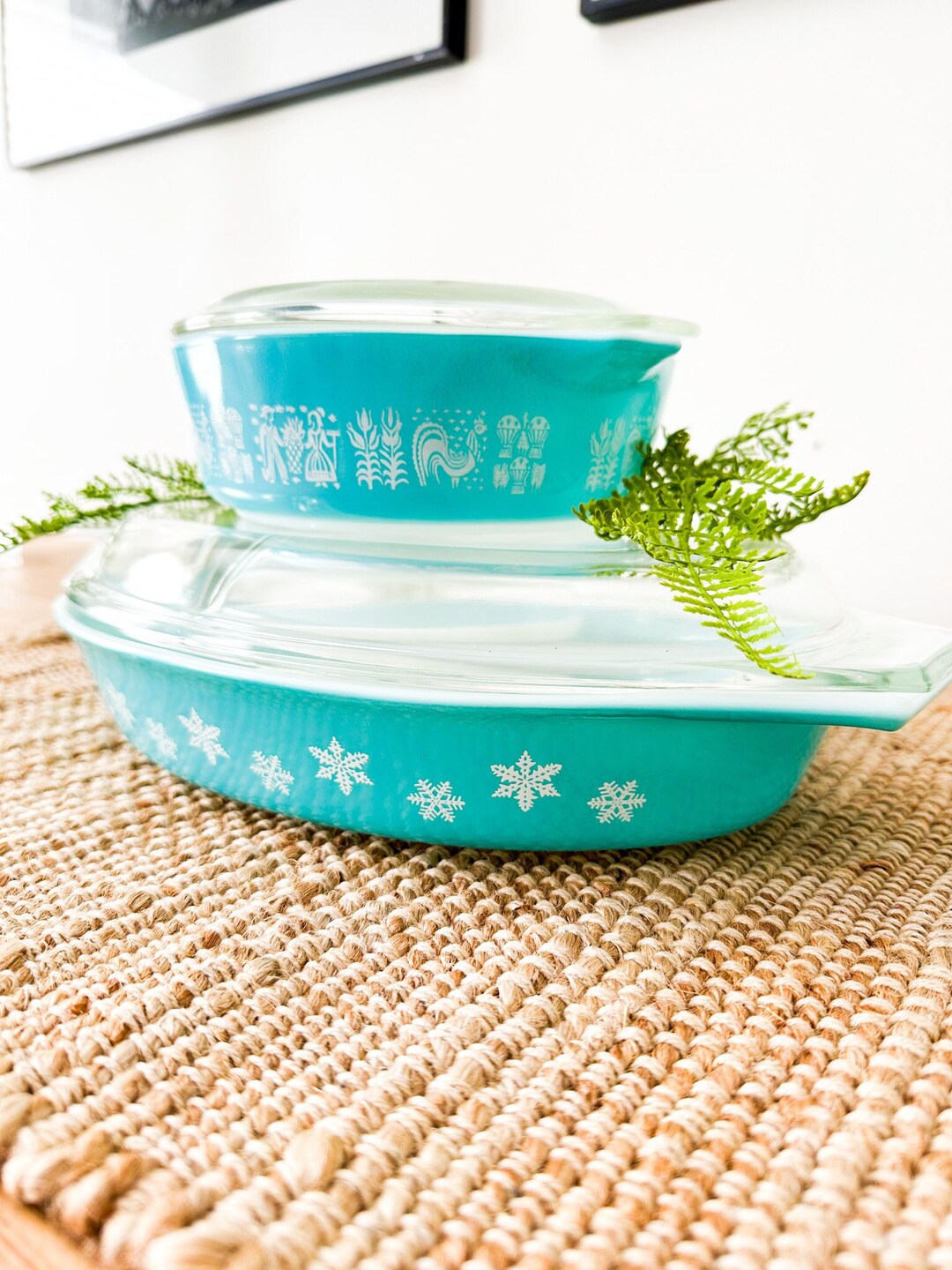 Vintage Pyrex Turquoise Casserole Dishes, Amish Butterprint, Divided ...