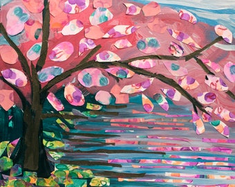 Pink Flower Tree Painting Art Print Mixed Media Collage Tree - Etsy