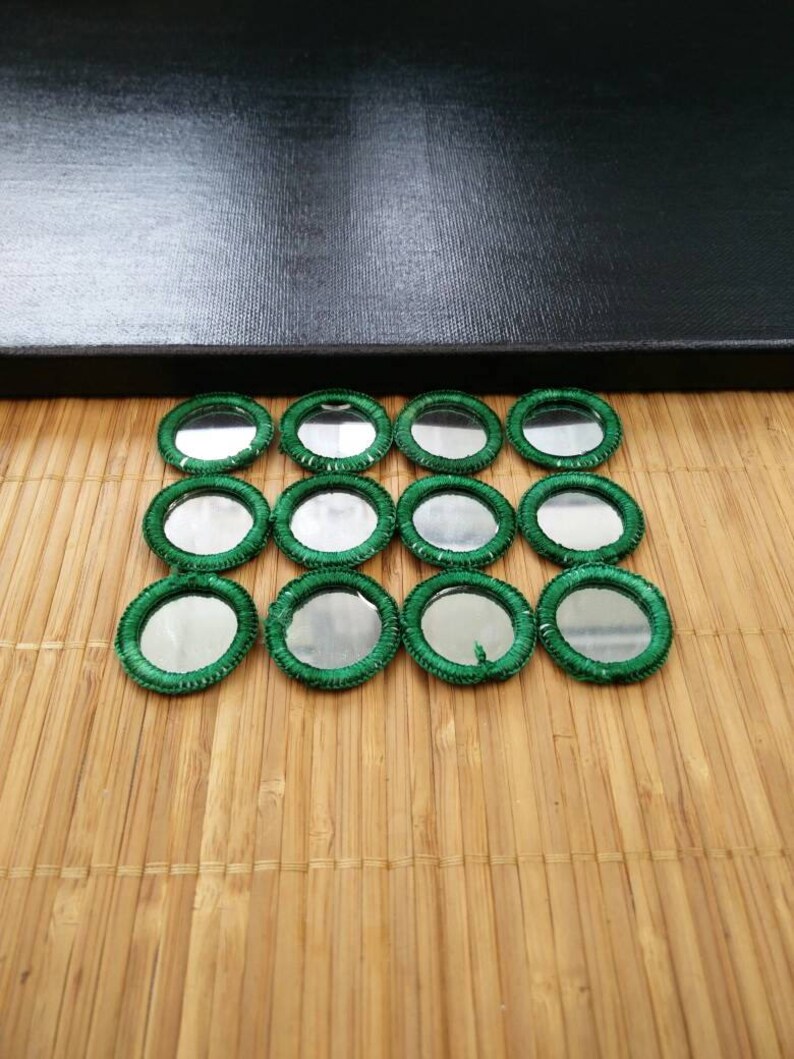 4 Round Mirror Patches Hand Made Green Thread Sew Ons Mirror | Etsy