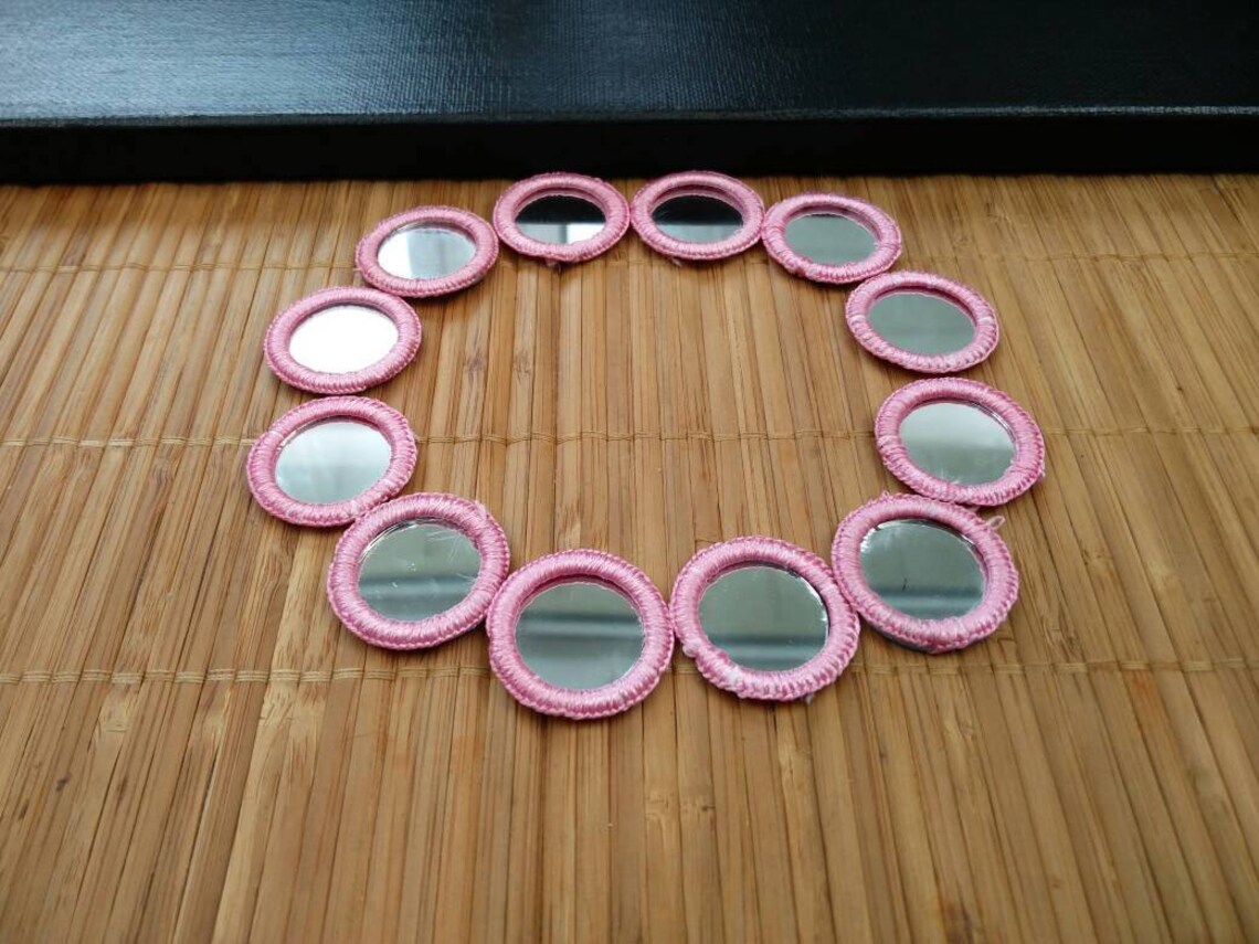 4 Round Mirror Patches Hand Made Pink Thread Sew Ons Mirror | Etsy