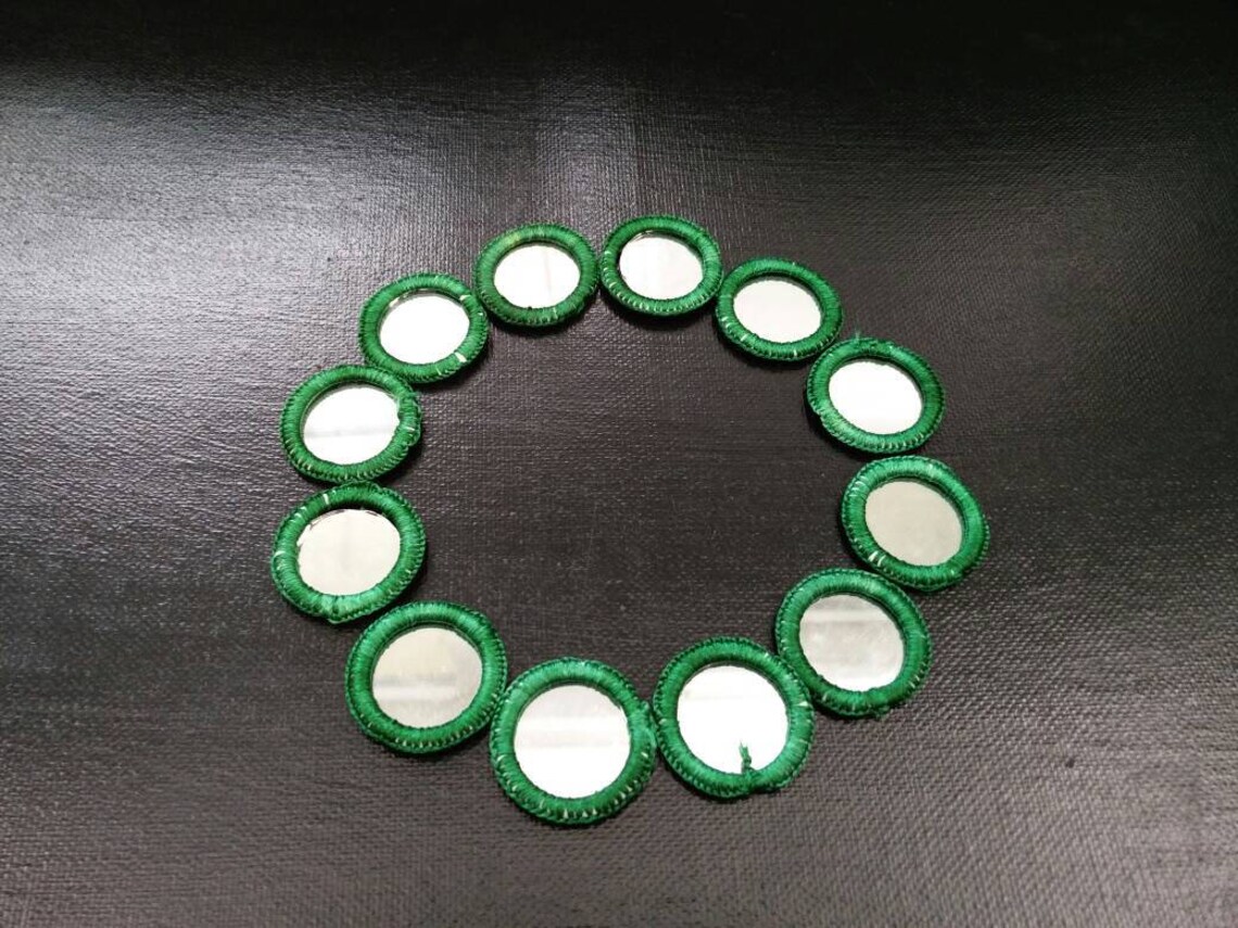 4 Round Mirror Patches Hand Made Green Thread Sew Ons Mirror | Etsy