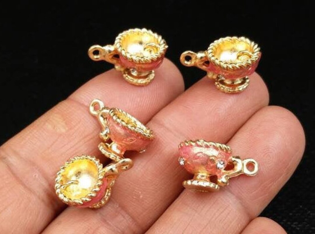 Pair of Pink Gold Tea Cup Charms 3D Cup Connectors Rhinestone Link ...