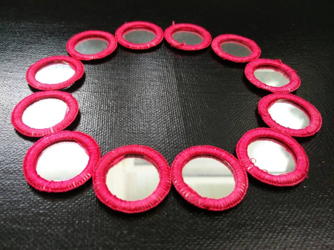 4 Round Mirror Patches Hand Made Fuchsia Thread Sew Ons Mirror Etsy