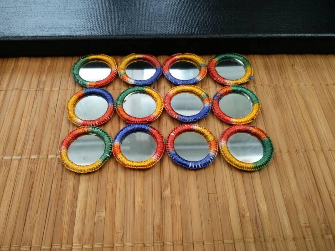 4 Round Mirror Patches Hand Made Multicolor Thread Sew Ons | Etsy