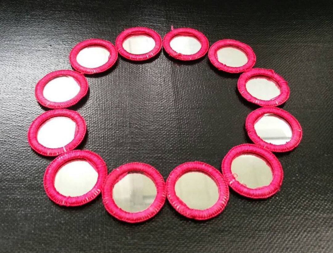 4 Round Mirror Patches Hand Made Fuchsia Thread Sew Ons Mirror ...