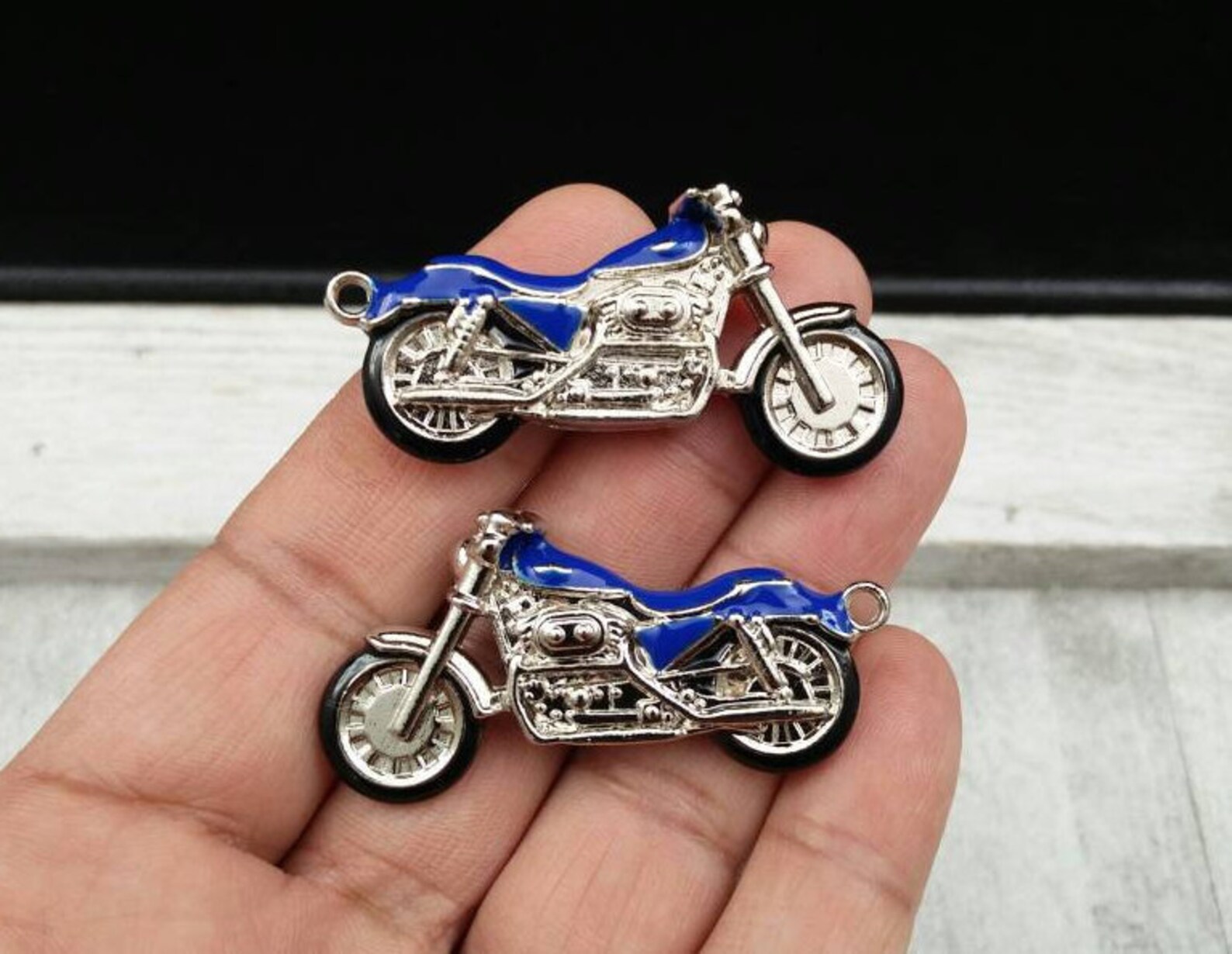 1 Motorcycle Charm Silver Blue Motorbike Pendant Vintage Style Antique ...