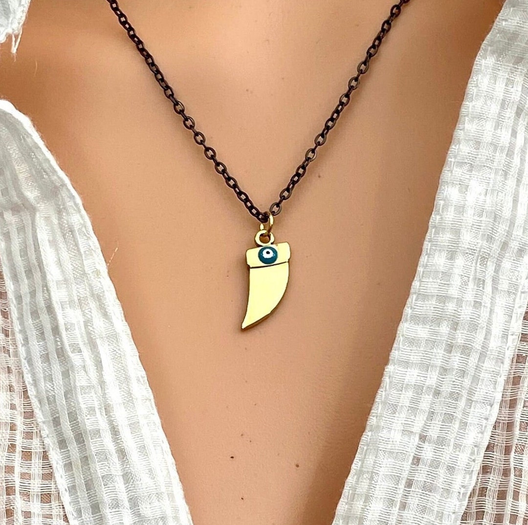 18 Karat Gold Plated Horn Tusk Shape Evil Eye Pendant in Black Dainty ...