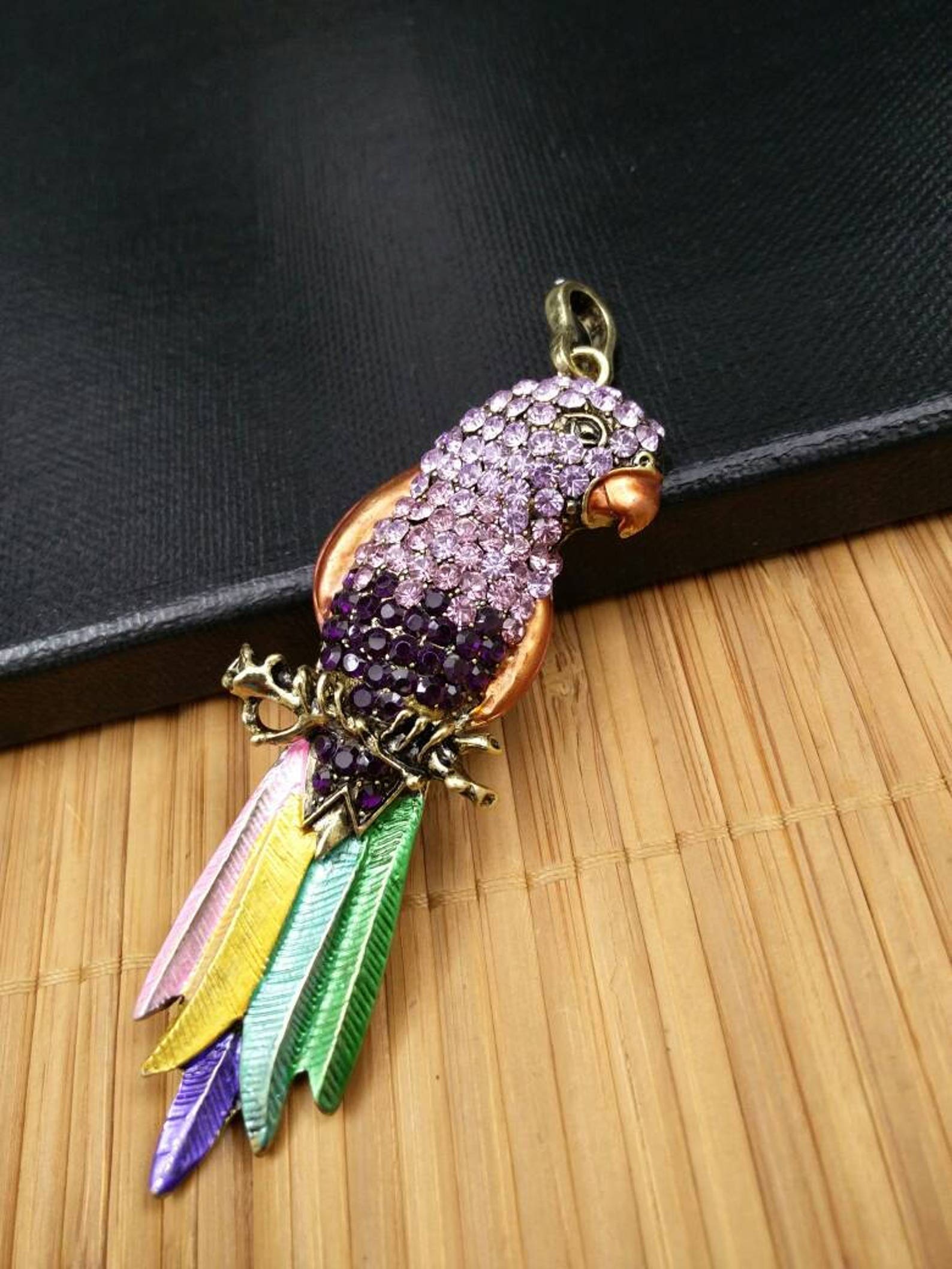 Parrot Pendant Enamel Rhinestones Bird Charm Tropical Jungle | Etsy