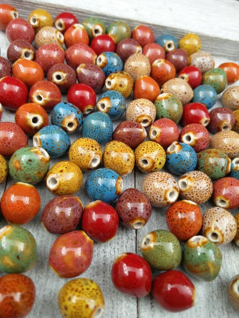 5 Ceramic Oval Shape Beads Porcelain Hand Painted Handmade Pottery Clay ...