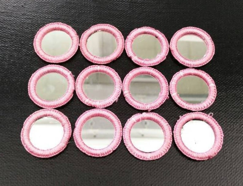 4 Round Mirror Patches Hand Made Pink Thread Sew Ons Mirror - Etsy UK