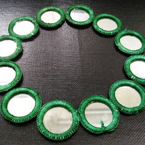 4 Round Mirror Patches Hand Made Green Thread Sew Ons Mirror Medallions ...