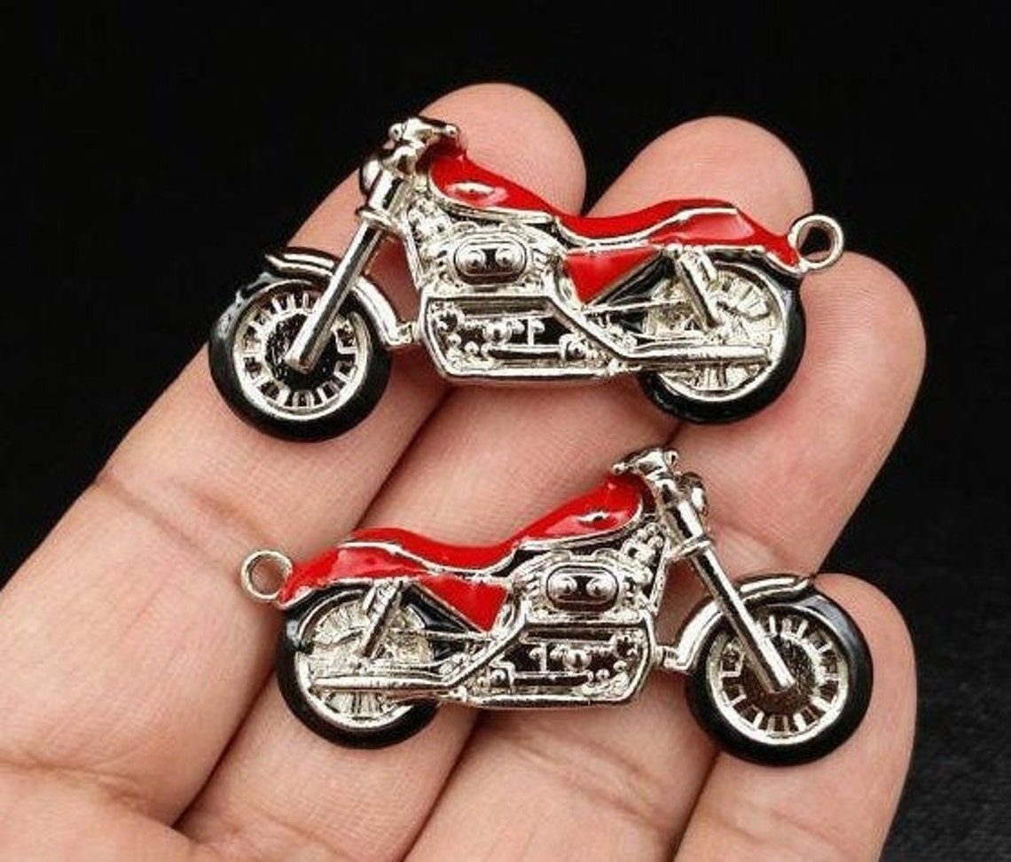 1 Motorcycle Charm Silver Red Motorbike Pendant Vintage Style - Etsy