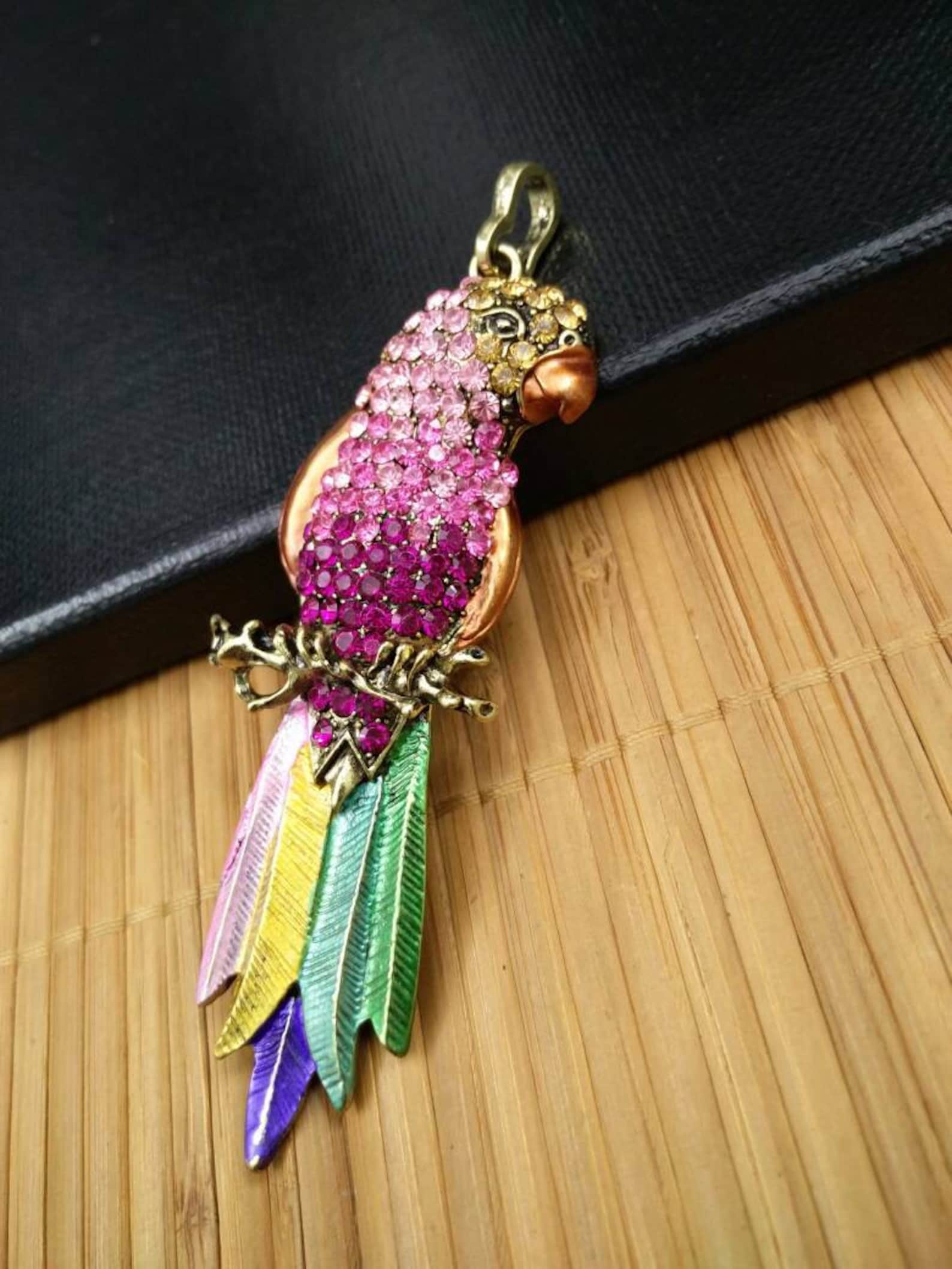 Parrot Pendant Enamel Rhinestones Bird Charm Elegant Tropical Jungle ...