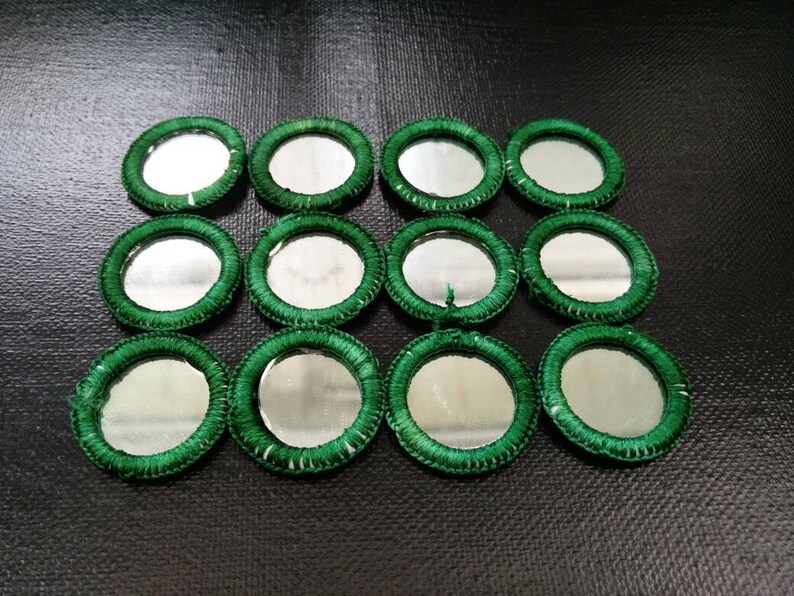 4 Round Mirror Patches Hand Made Green Thread Sew Ons Mirror Medallions ...