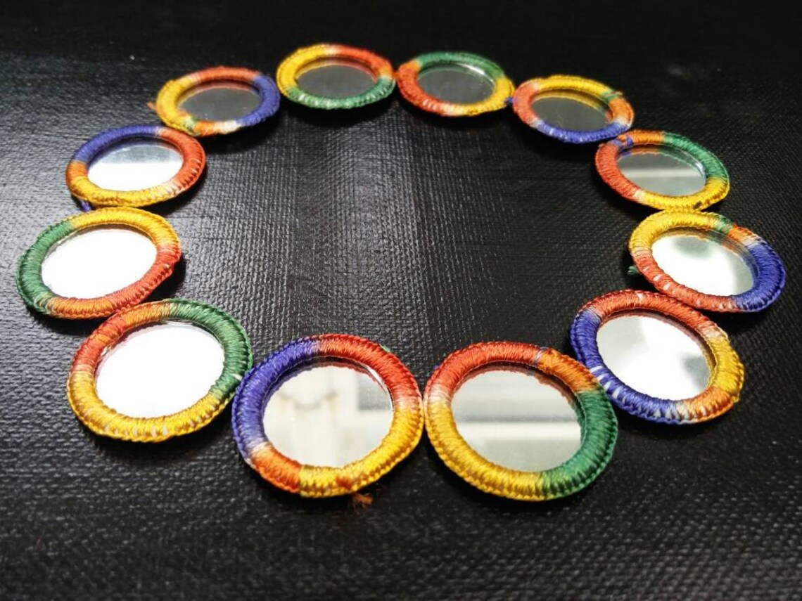 4 Round Mirror Patches Hand Made Multicolor Thread Sew Ons | Etsy