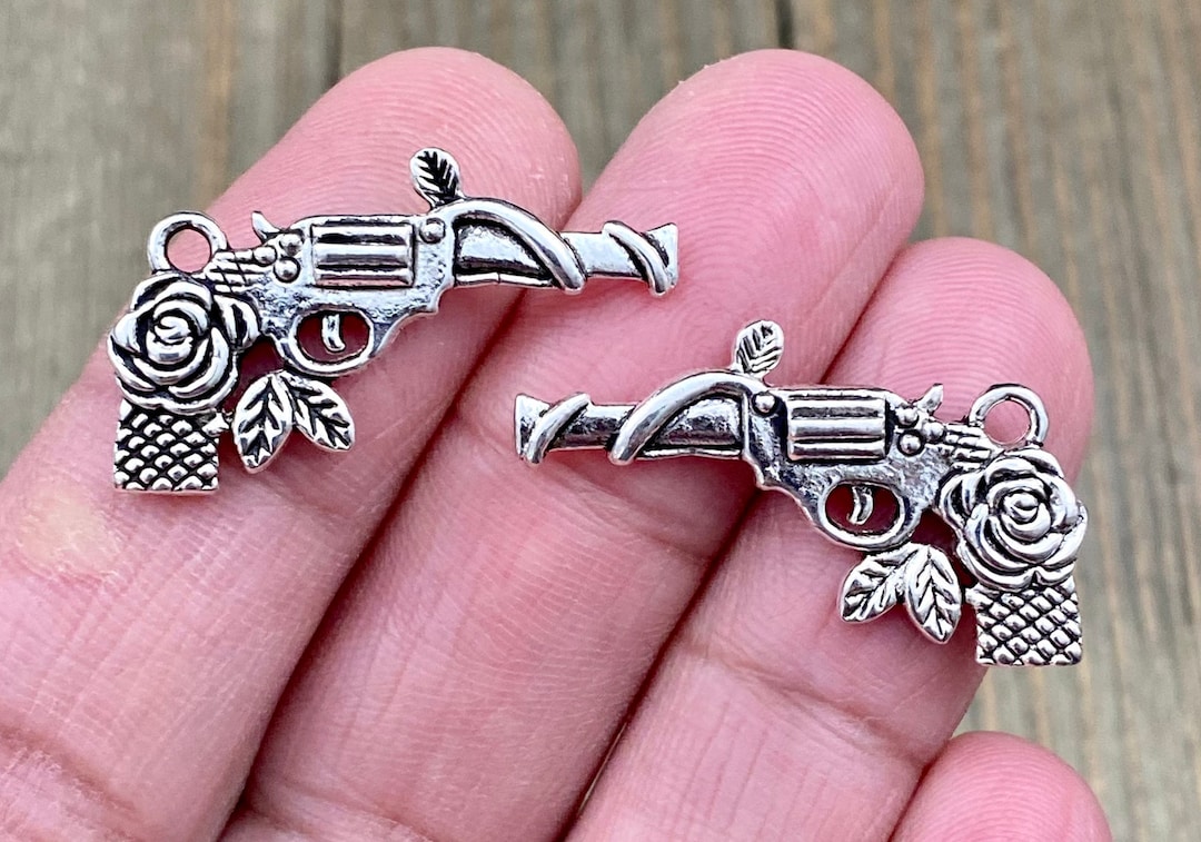 2 Revolver Charms Vintage Style Antique Design Silver Flower Pistol ...