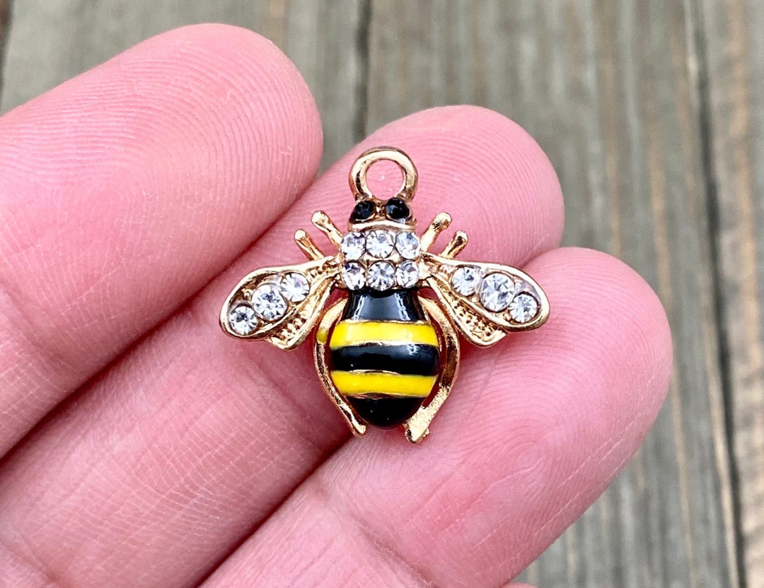 2 Bees Charms Black and Yellow Enamel Rhinestone Wings Nature Collector ...