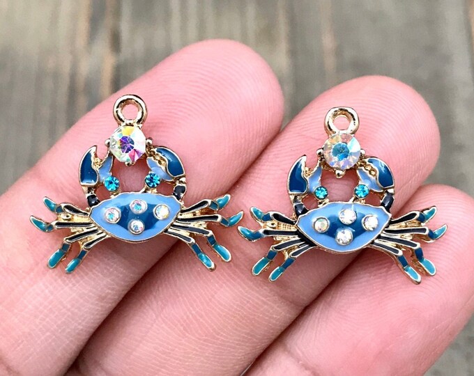 Pair of Beautiful Blue Crab Charms Multicolor Enamel Gold Earrings ...