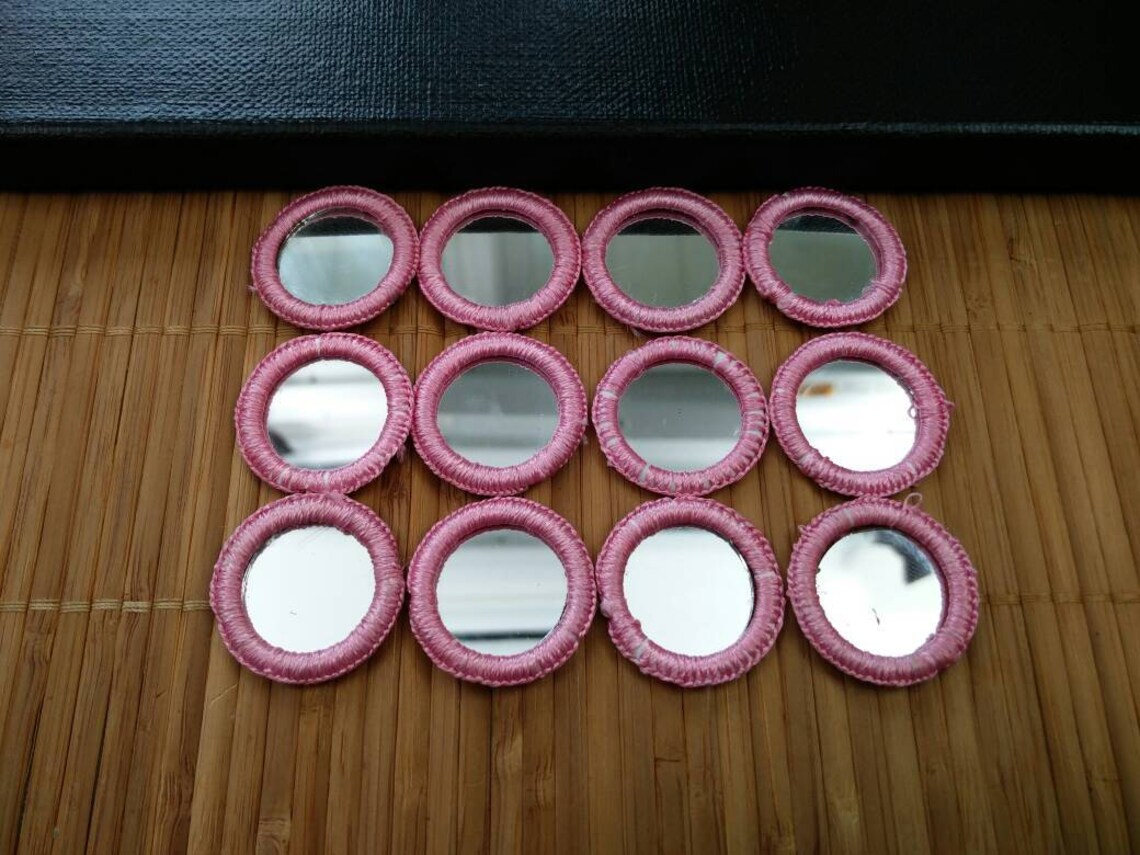 4 Round Mirror Patches Hand Made Pink Thread Sew Ons Mirror | Etsy