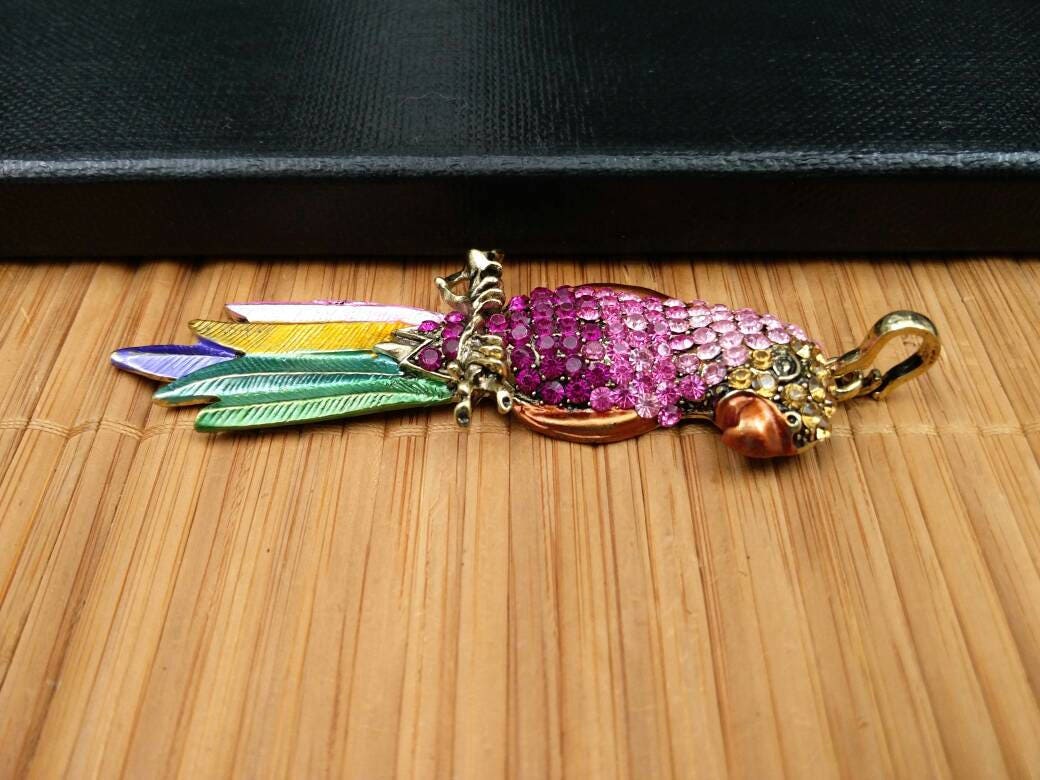 Parrot Pendant Enamel Rhinestones Bird Charm Elegant Tropical | Etsy