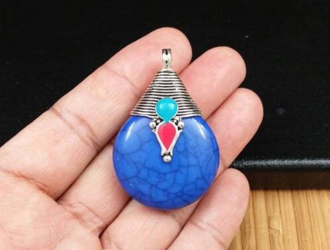 Blue Silver Tear Drop Charm Nepali Tibetan Synthetic Resin Ethnic ...