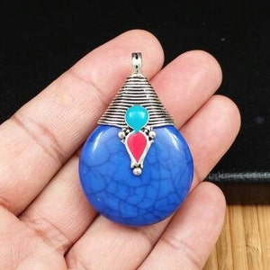 Blue Silver Tear Drop Charm Nepali Tibetan Synthetic Resin Ethnic ...