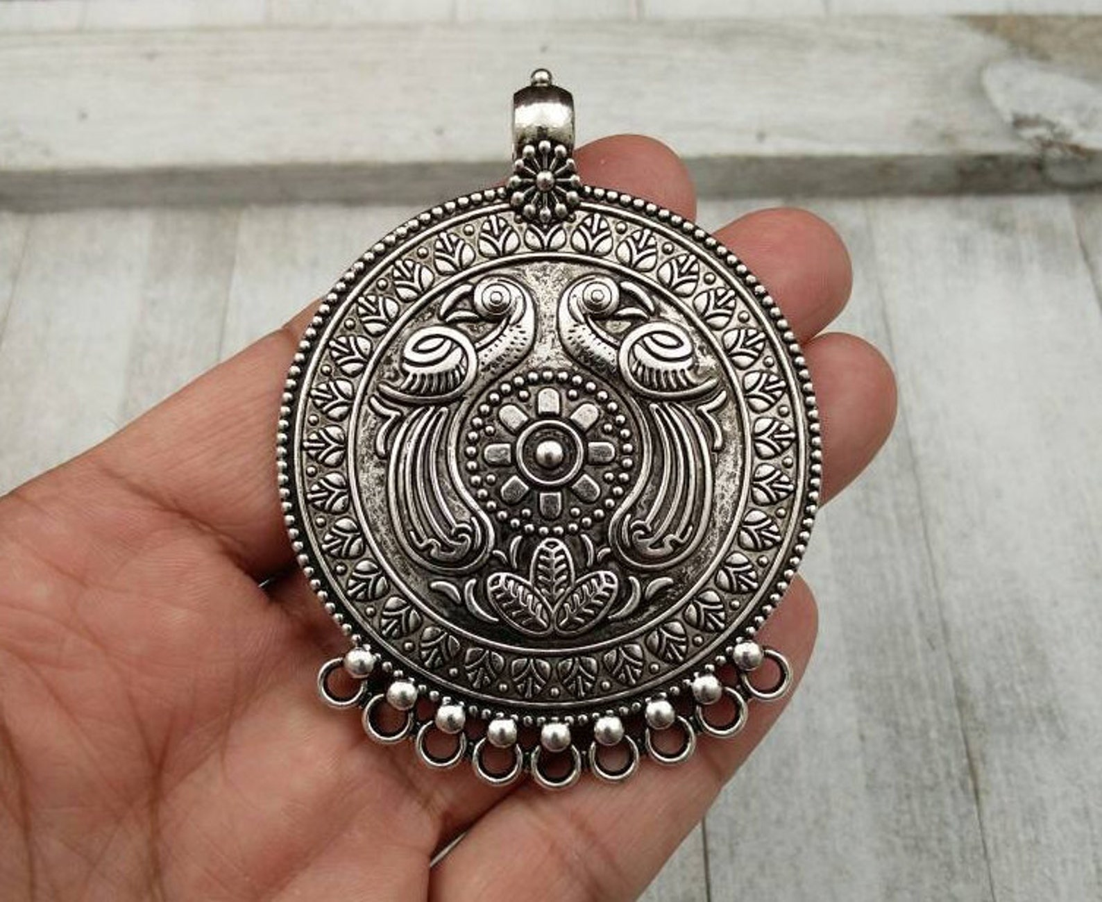Large Silver Carved Pendant With Loops for Hanging - Etsy