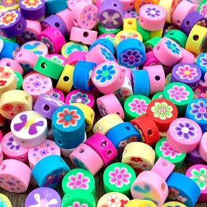 Polymer Clay Beads Multicolor Vinyl Round Shape Flower Print Spacers ...
