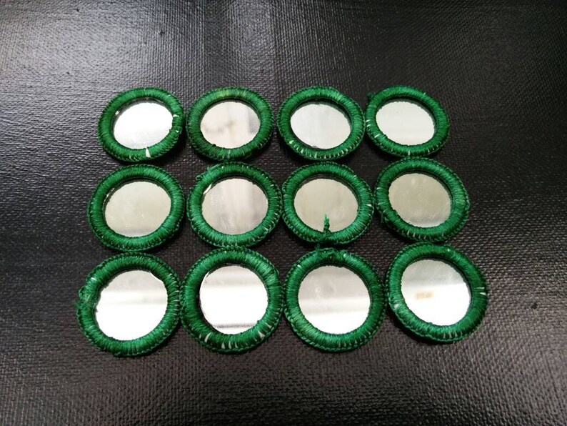 4 Round Mirror Patches Hand Made Green Thread Sew Ons Mirror | Etsy
