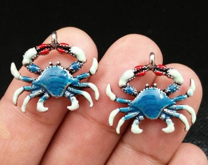 2 Blue Crab Charms Silver Blue Enamel Crab Pendants Crab - Etsy