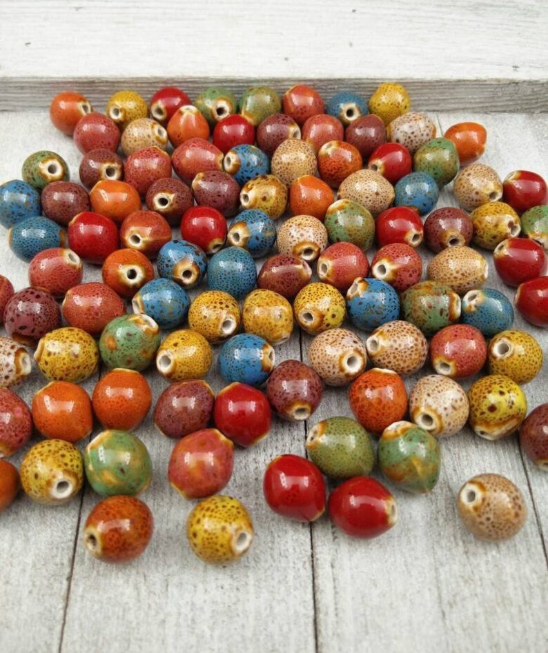 5 Ceramic Oval Shape Beads Porcelain Hand Painted Handmade Pottery Clay ...