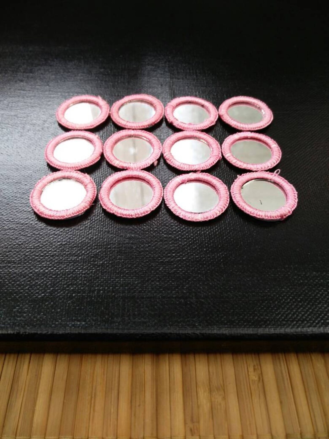 4 Round Mirror Patches Hand Made Pink Thread Sew Ons Mirror | Etsy