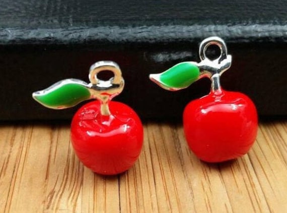 Red Apple Charm High Quality Enamel Fruit Green Leaf Pendant | Etsy