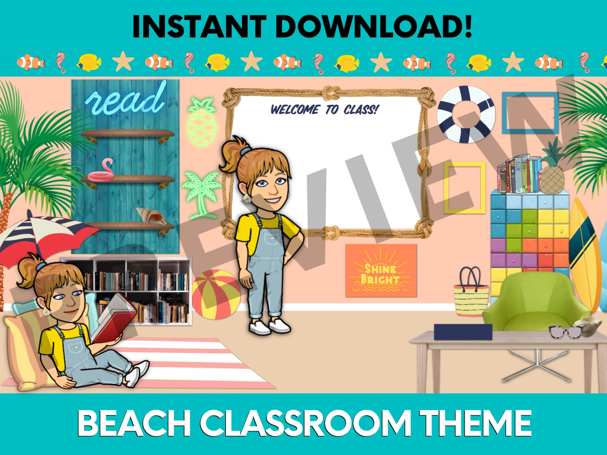Beach Theme Classroom | Instant Digital Download | Add Your Avatar ...