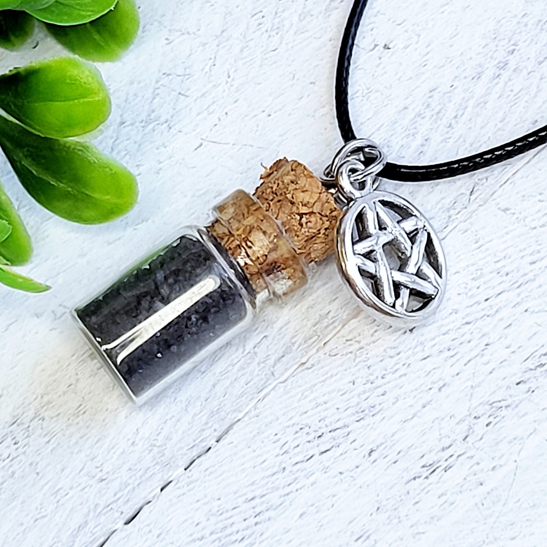 Small Black Salt Protection and Pentacle Spell Jar Necklace / Spell ...