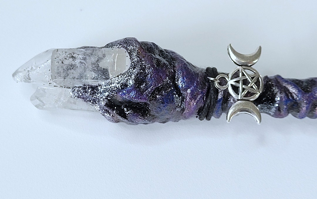 Clear Quartz Crystal Magic Wand - Hand-painted Wood Wand With Triple ...