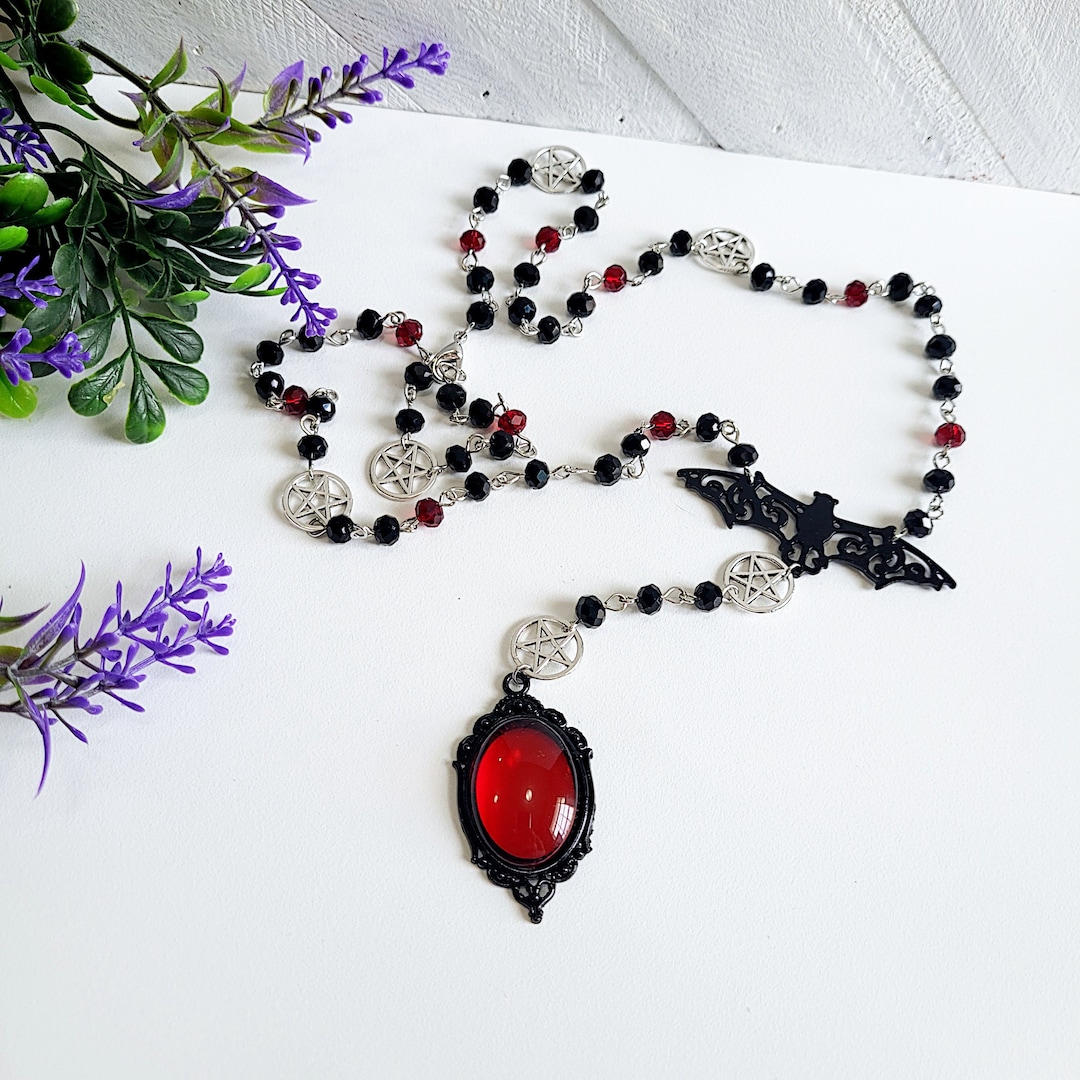 Vampire Bat Gothic Rosary With Red and Black Glass Beads and Silver ...