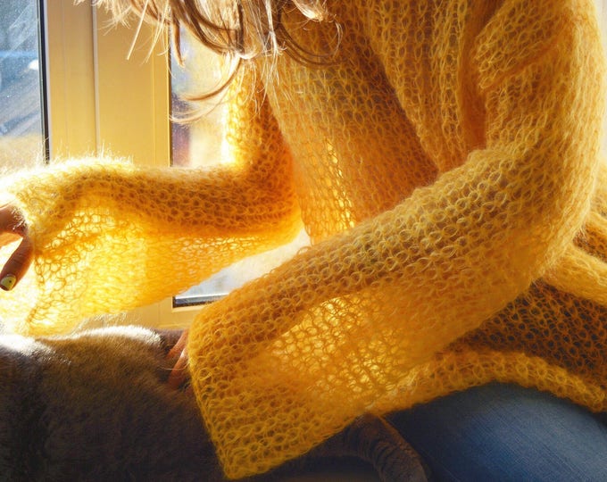 Yellow Light Mohair Sweater, Autumn Loose Knit Sweater, Oversized ...